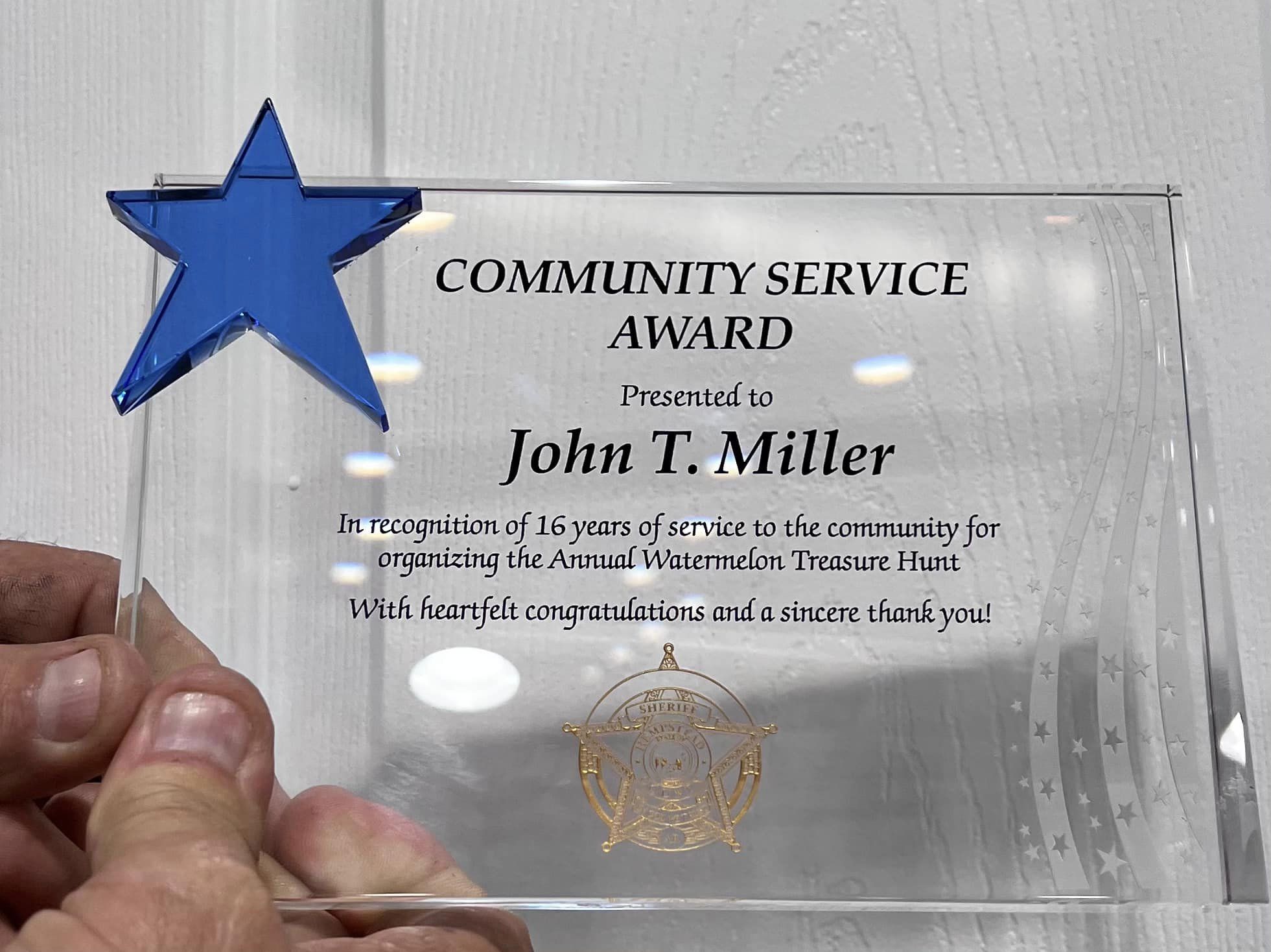 Sheriff Singleton Honors John T. Miller With Award – Hope Prescott