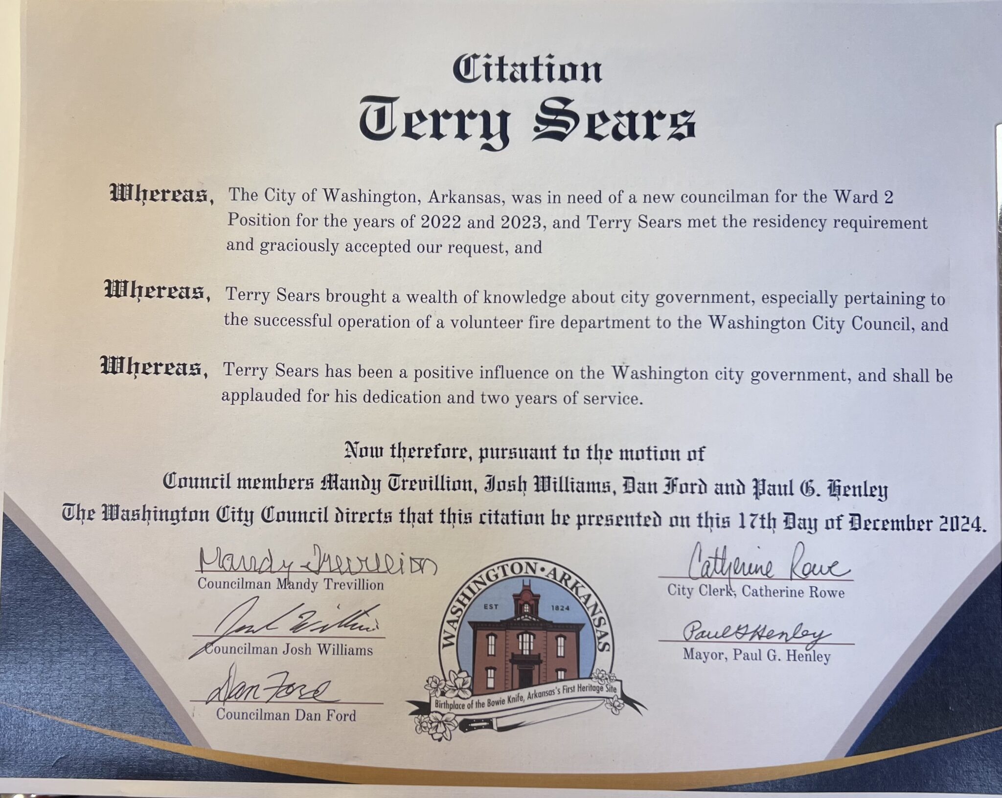 Terry Sears Honored by Washington City Council – Hope Prescott