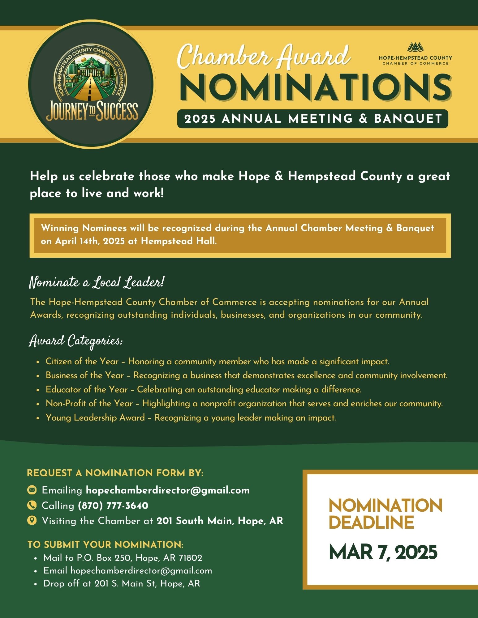Nominations being accepted chamber Annual Meeting & Banquet Awards ...